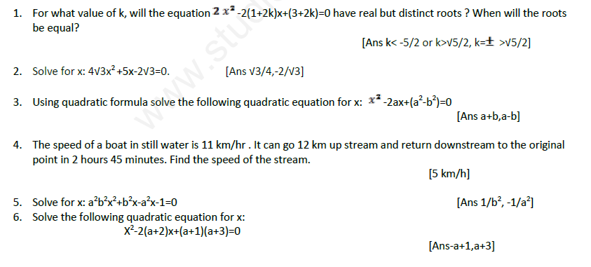 CBSE Class 10 Mathematics Quadratic Equations Assignment Set B